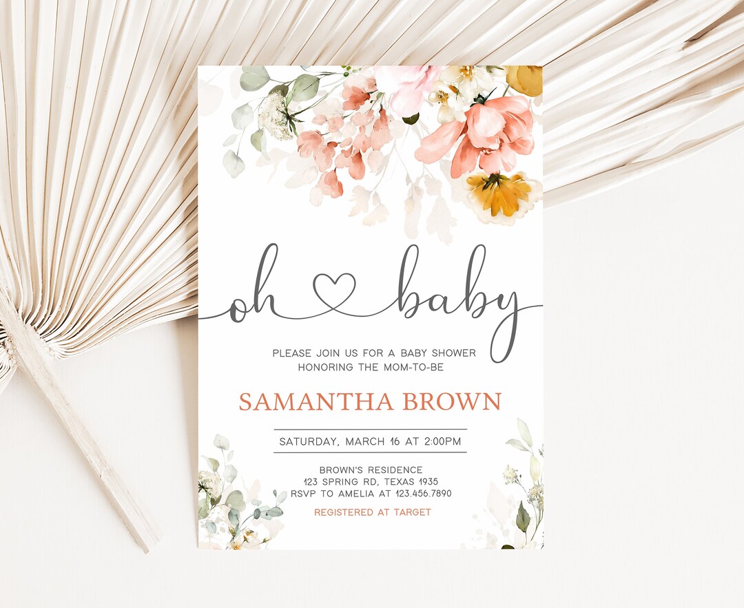 Editable Sign Oh Baby Spring Baby Shower Invitation, Spring Flower Baby ...