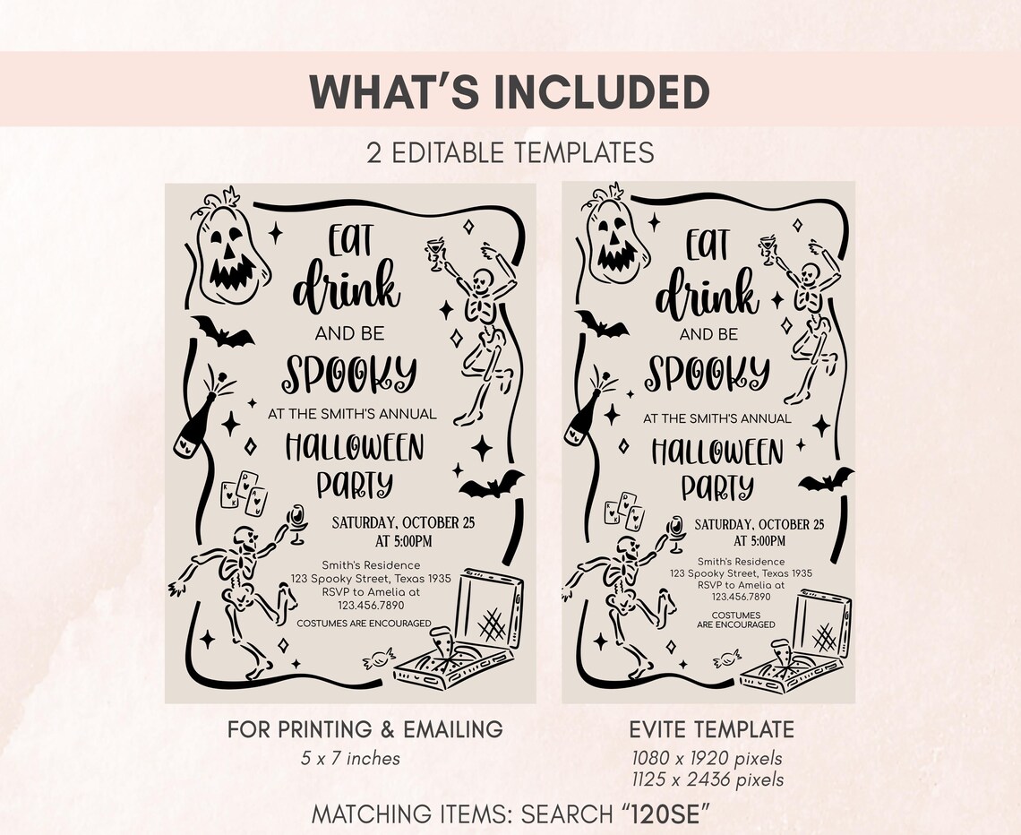 Editable Hand Drawn Halloween Invitation, Eat Drink and Be Scary ...