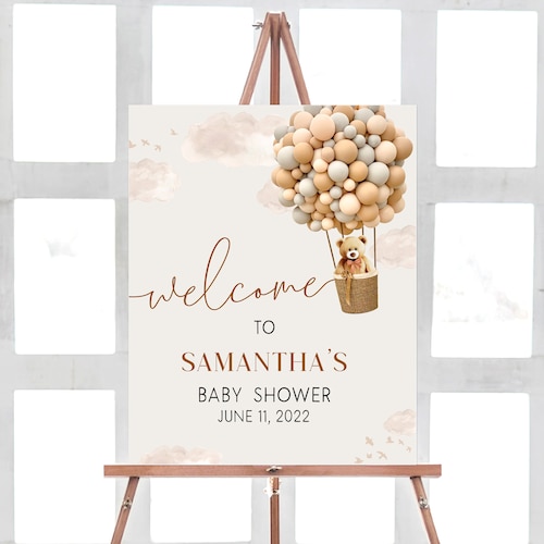 Editable Welcome Beige Bear Party Sign Sign Hot Air Balloon - Etsy