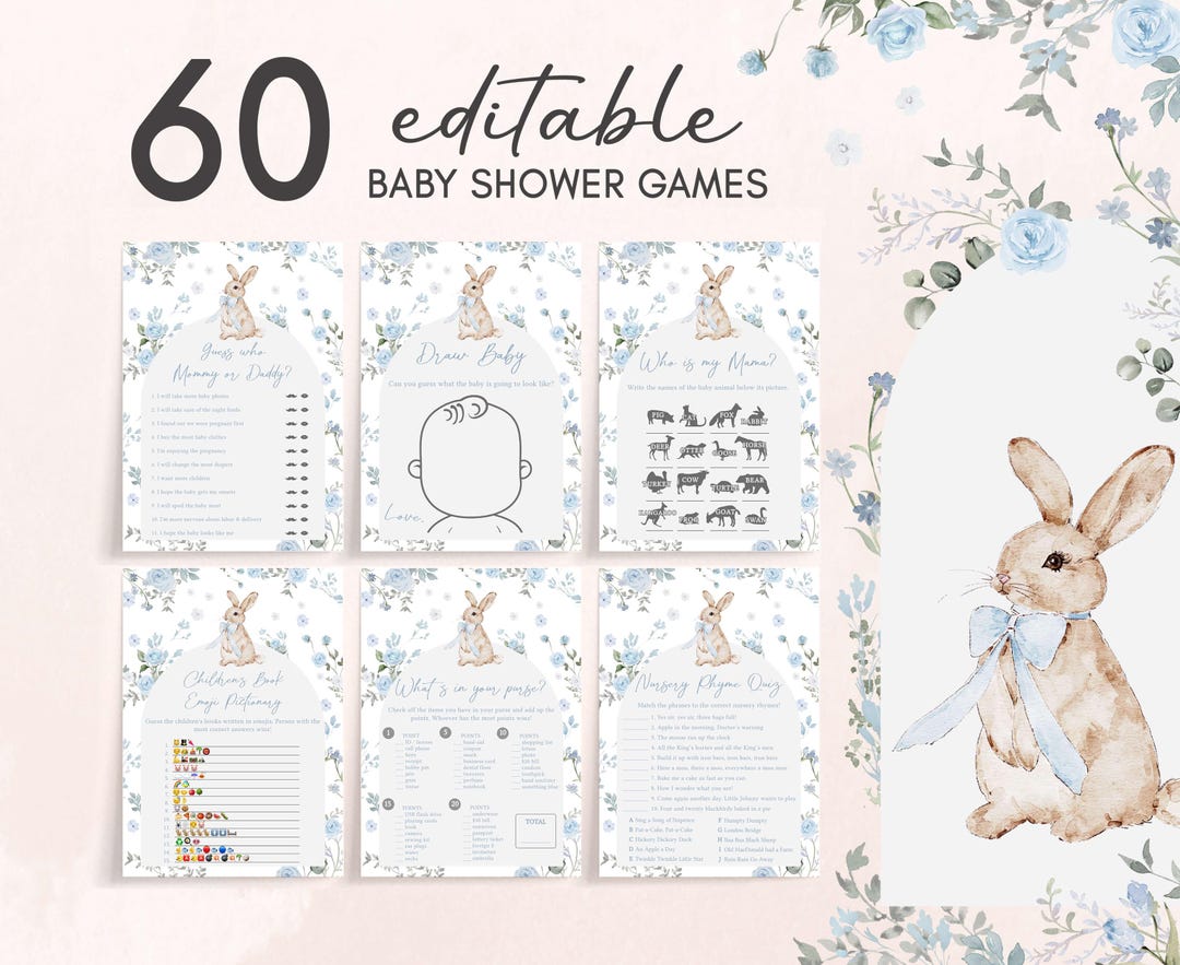 Editable Some Bunny Baby Shower Games Bundle, Blue Floral Bunny Baby ...
