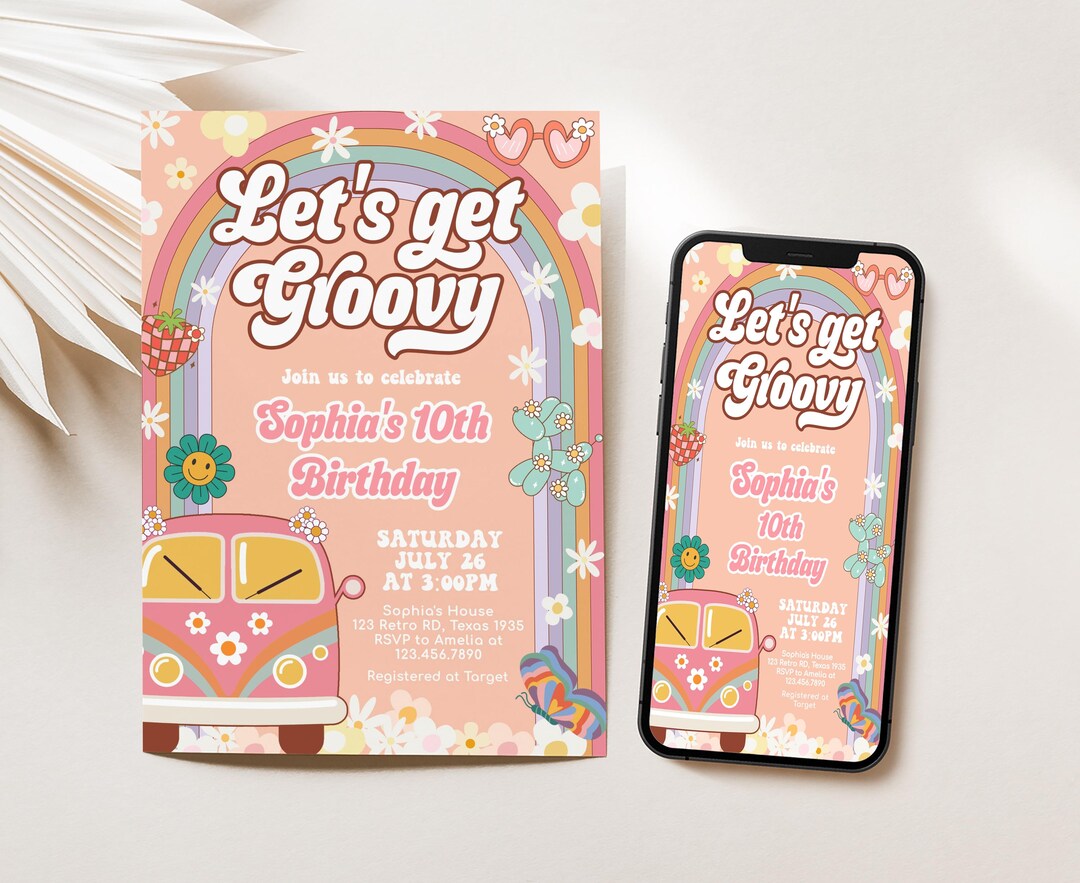 Editable ANY AGE Groovy Birthday Invitation, Retro Birthday Party ...