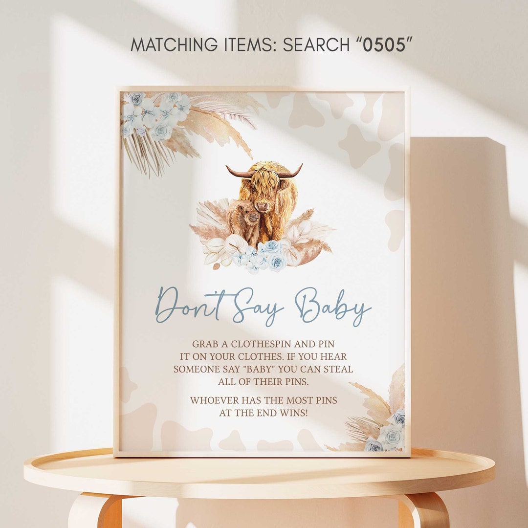 Don't Say Baby Sign Boho Highland Cow Baby Shower, Blue Holy Cow Baby ...