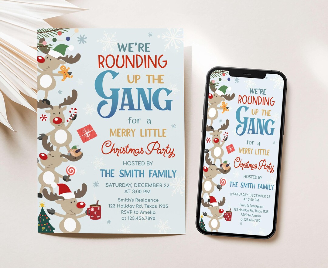 Editable We're Rounding up the Gang Invitation, Reindeer Christmas ...