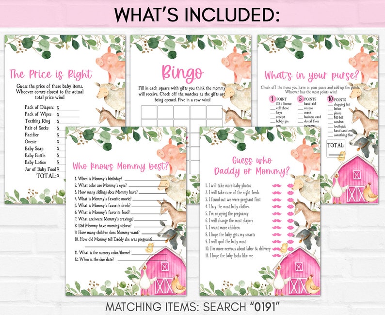 Girl Farm Animals Baby Shower Games Bundle Pink Farm Baby - Etsy