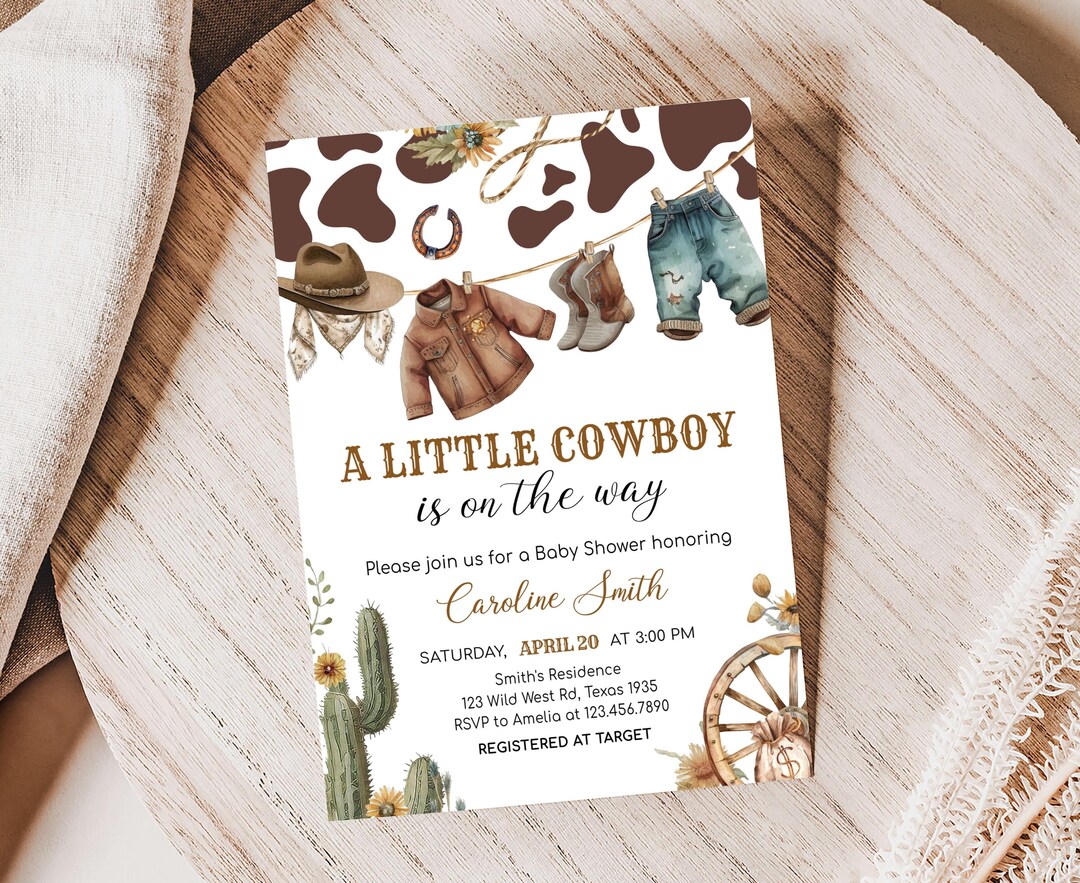 Editable A Little Cowboy Baby Shower Invitation, Cowboy Baby Clothes ...