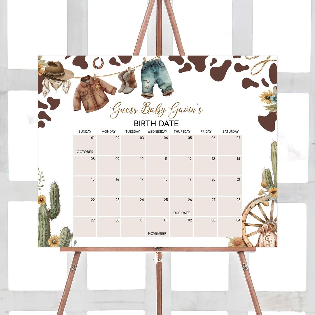 Editable A Little Cowboy Baby Shower Due Date Calendar, Cowboy Baby ...