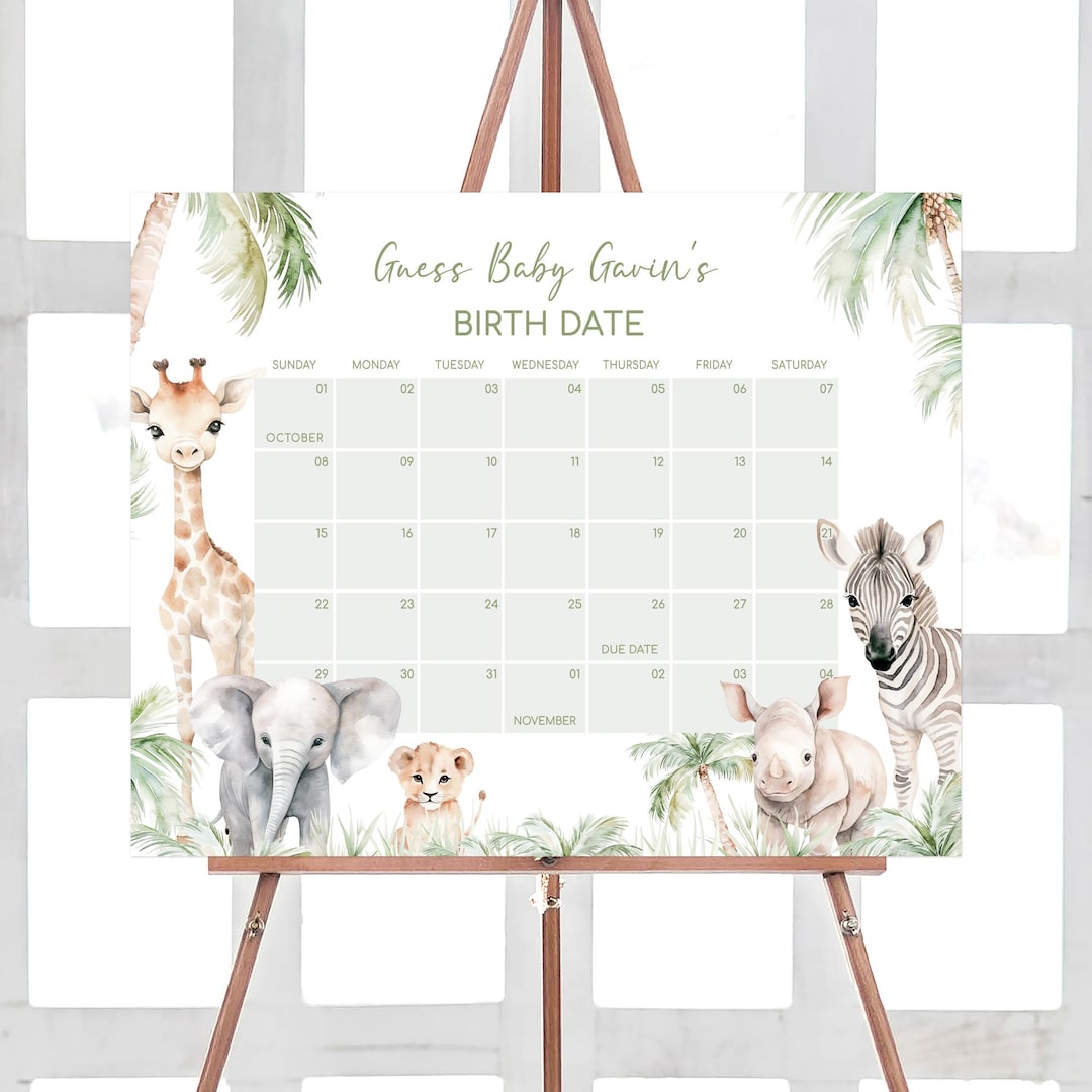 Editable Safari Baby Shower Due Date Calendar, A Little Wild One ...