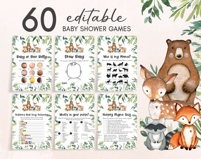 Woodland Baby Shower Games Bundle, Woodland Animal Baby Shower Games ...