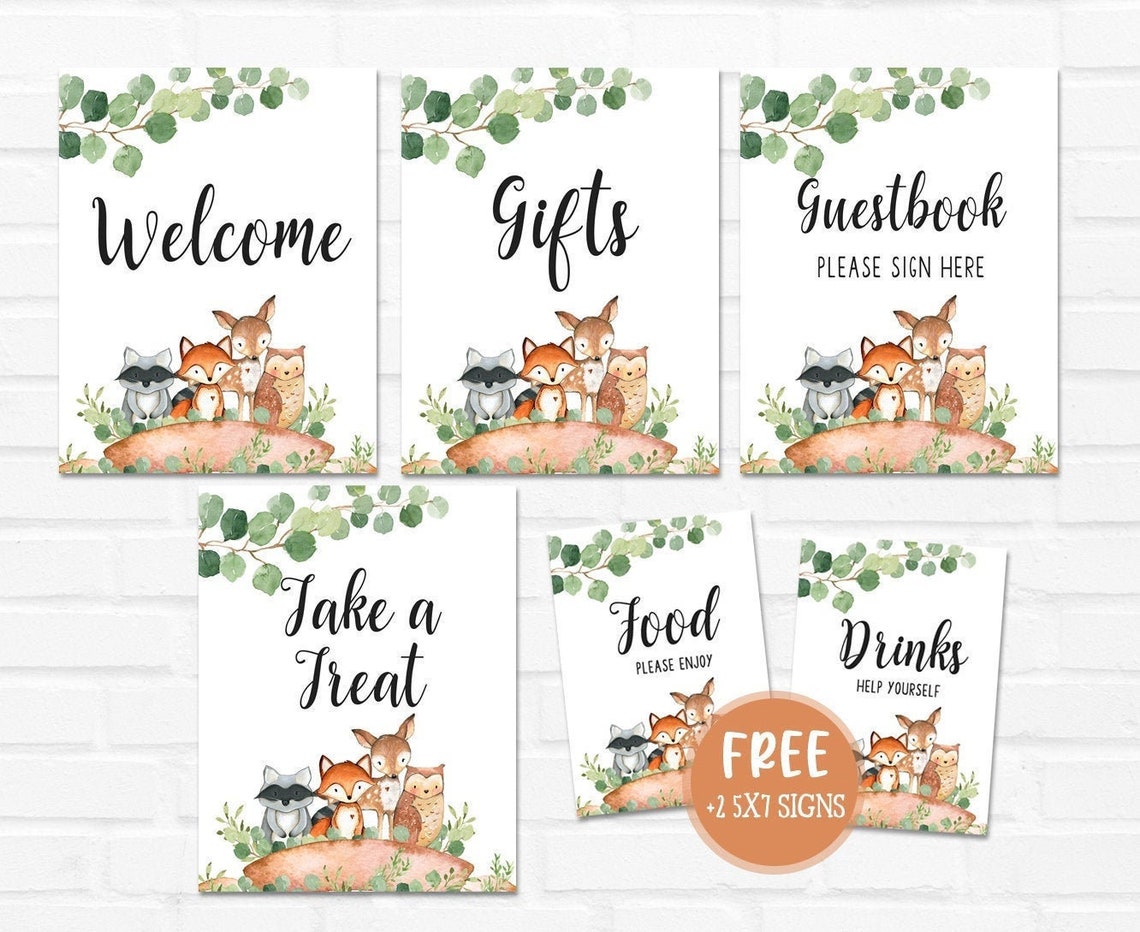 Woodland Baby Shower Signs Bundle Greenery Woodland Animals - Etsy