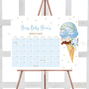 Editable Blue Ice Cream Baby Shower Due Date Calendar, Here's the Scoop ...