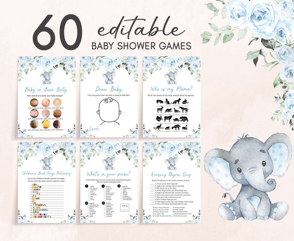 Elephant Baby Shower Game Bundle, Blue Elephant Boy Baby Shower Game ...