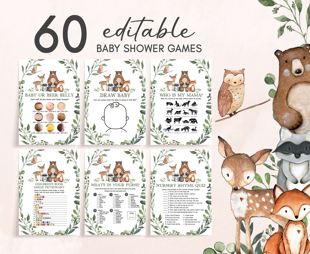 Editable Woodland Baby Shower Games Bundle Woodland Animals Baby Shower ...