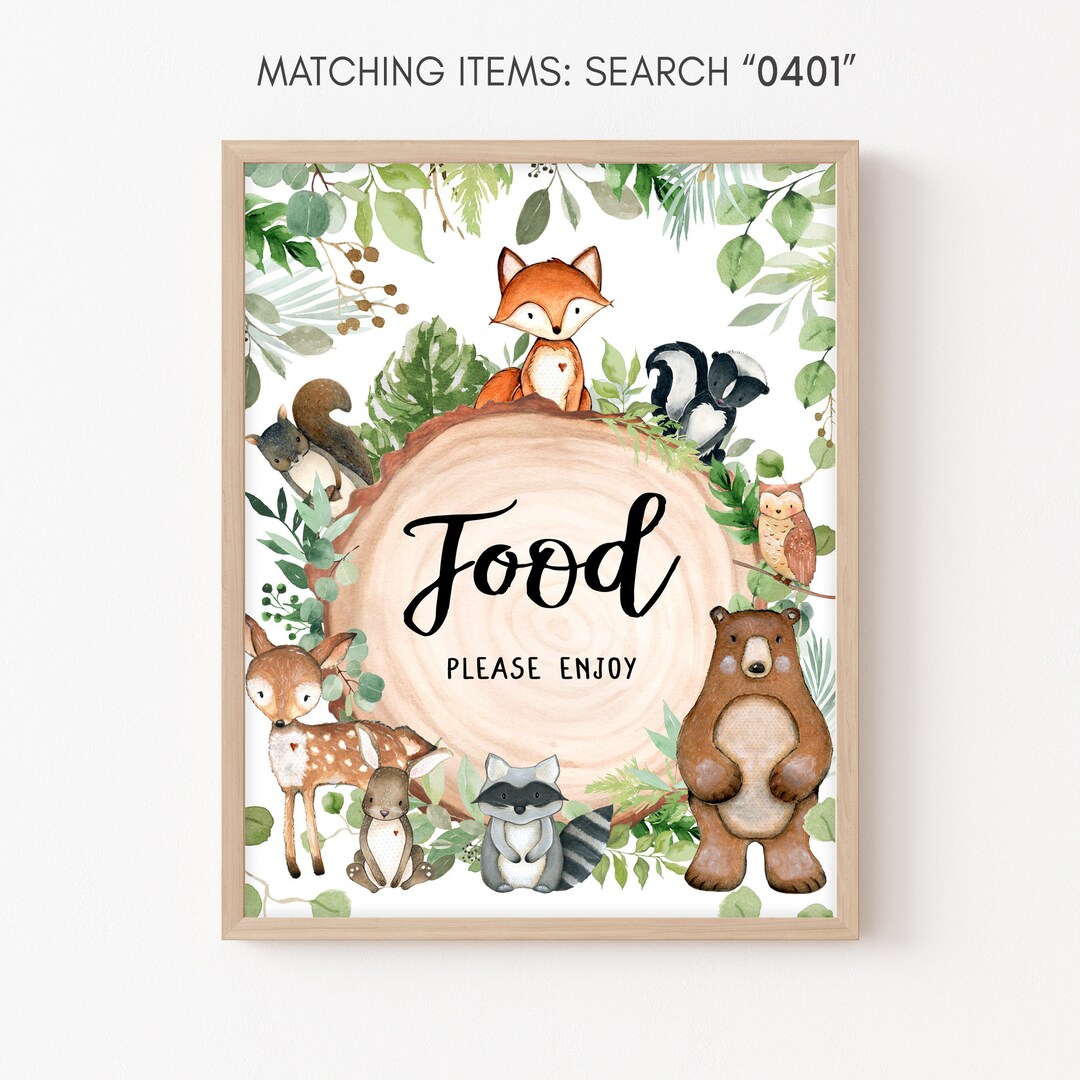 Woodland Baby Shower Food Sign, Greenery Forest Animals Baby Shower ...