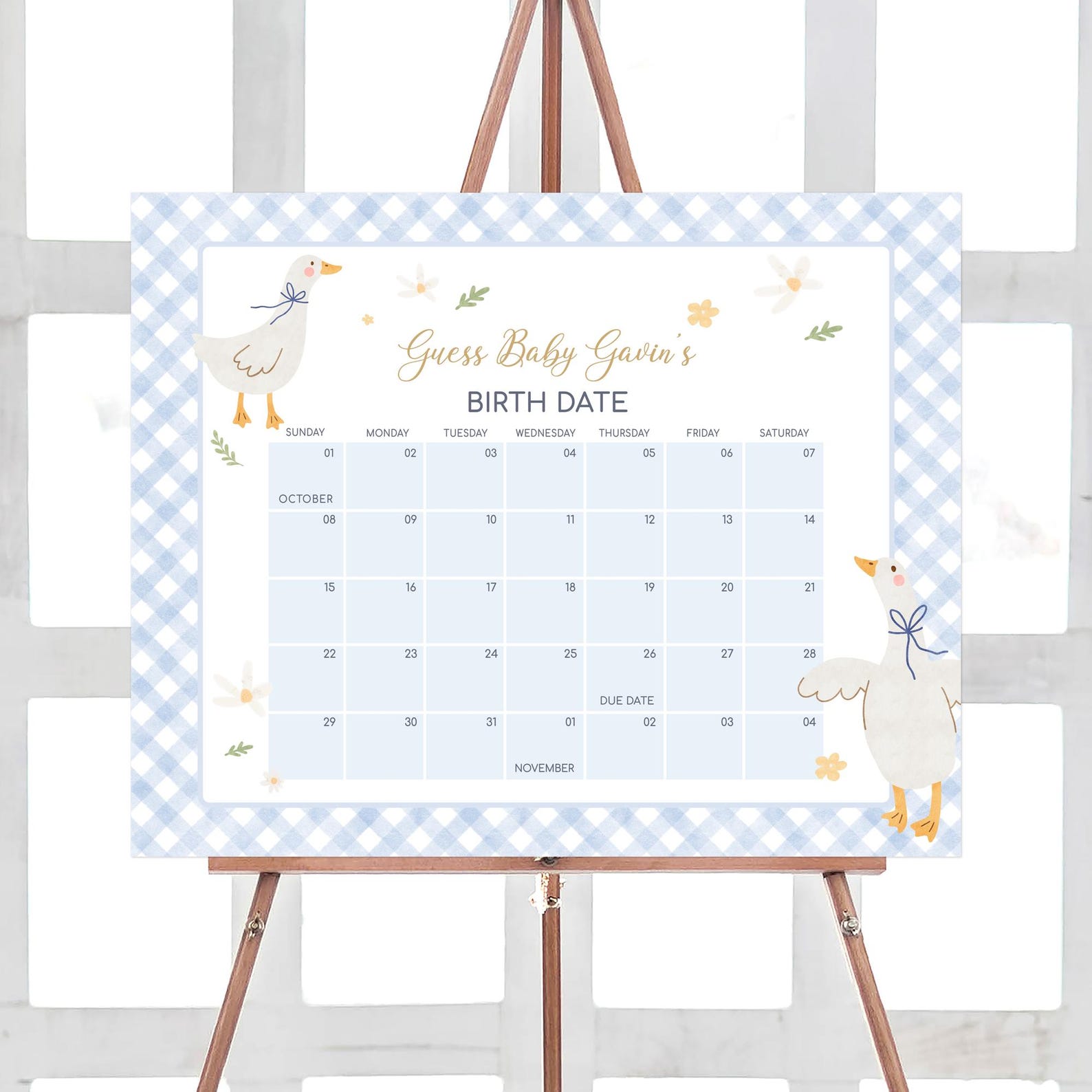 Editable Silly Goose Baby Shower Due Date Calendar, Baby Goose Blue ...