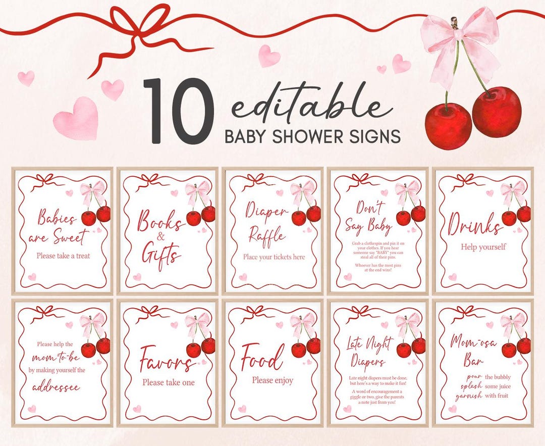 Editable Cherry Baby Shower Table Sign, Cherry on Top Pink Bow Baby ...