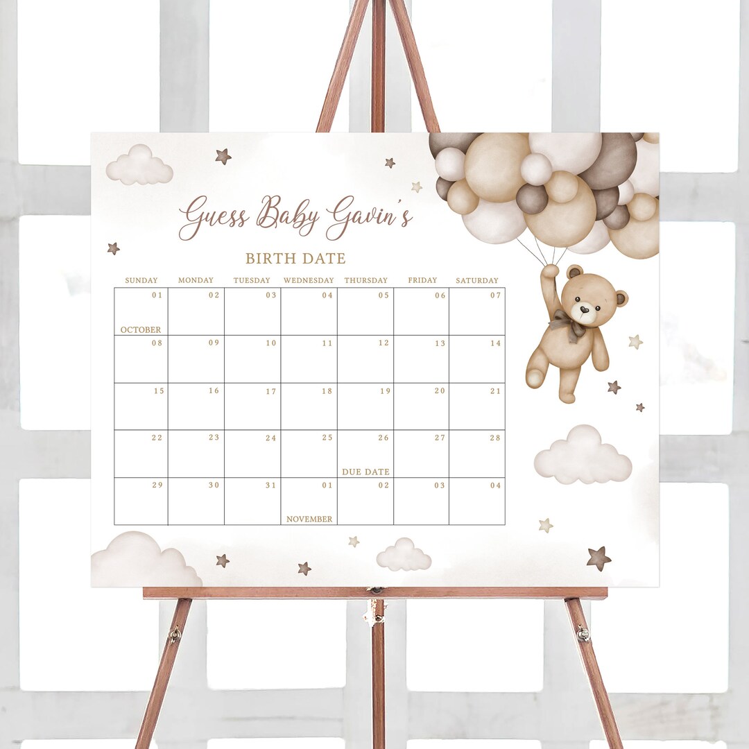 Editable Gender Neutral Bear Baby Shower Due Date Calendar, We Can ...
