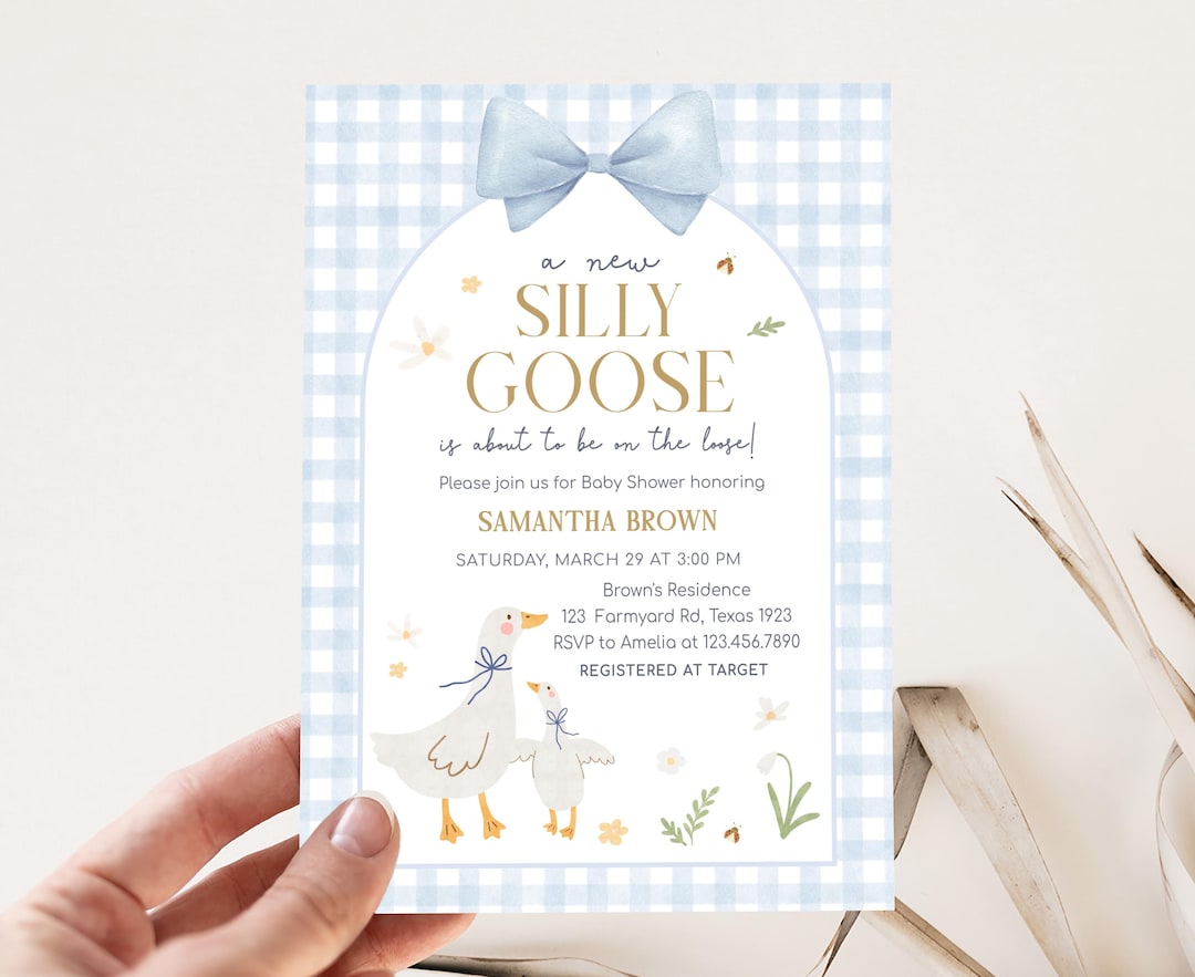 Editable Silly Goose Baby Shower Invitation, Gingham Daisy Goose Baby ...