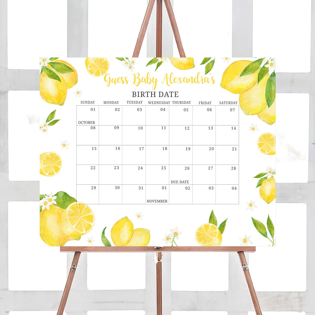Editable Lemon Baby Shower Due Date Calendar, Citrus Summer Baby Shower ...