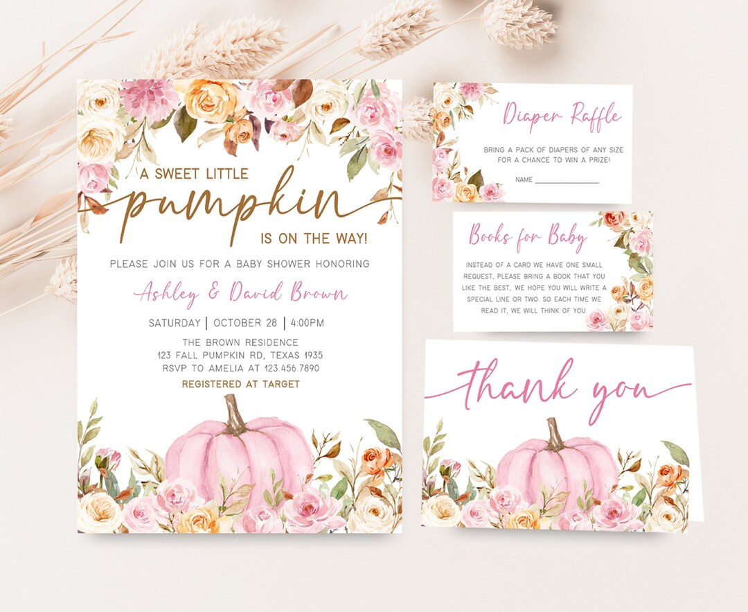 Editable Pink Floral Pumpkin Baby Shower Invitation Bundle, Girl Fall ...