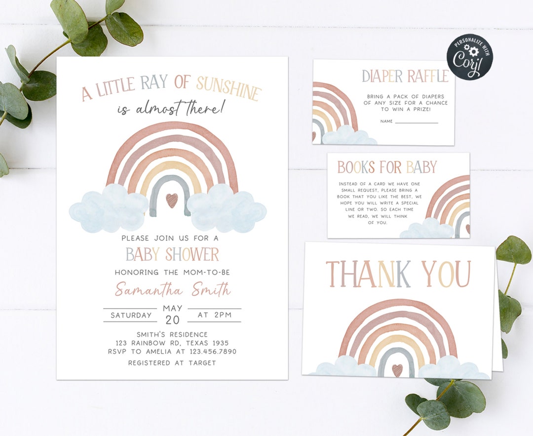 Editable Rainbow Baby Shower Invitation Set Boho Baby Shower - Etsy