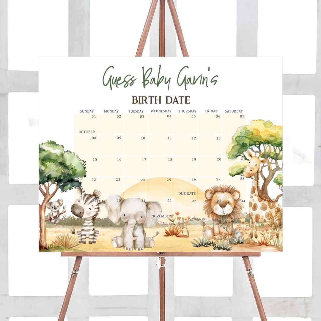 Editable Boy Safari Baby Shower Due Date Calendar, Safari Jungle Baby ...