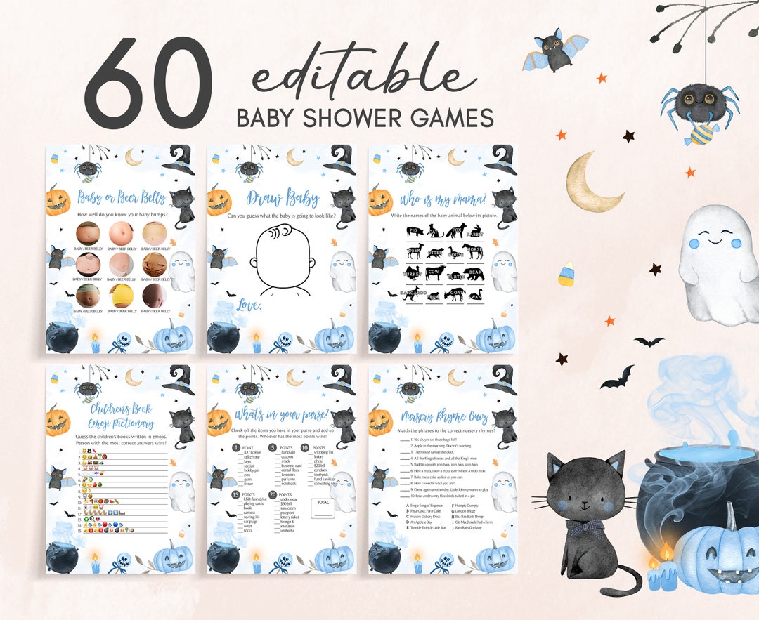 Editable Blue Halloween Baby Shower Games Bundle, Boy Ghost Halloween ...