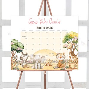Editable Baby Girl Safari Baby Shower Due Date Calendar, Floral Jungle ...