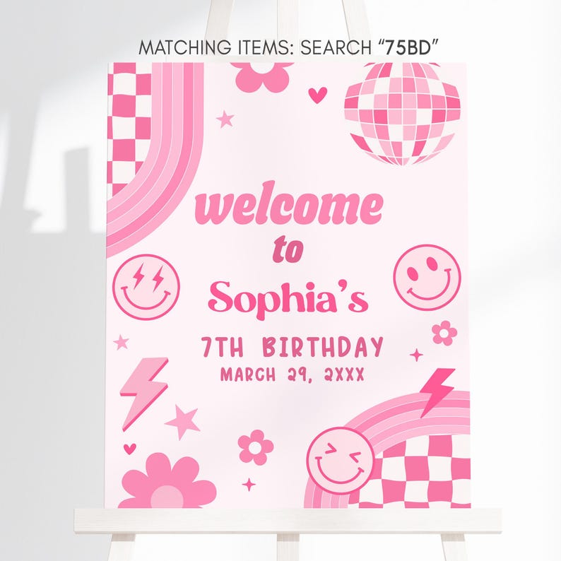 Editable Retro Smiley Face Birthday Welcome Sign, Pink Checkered Smiley ...