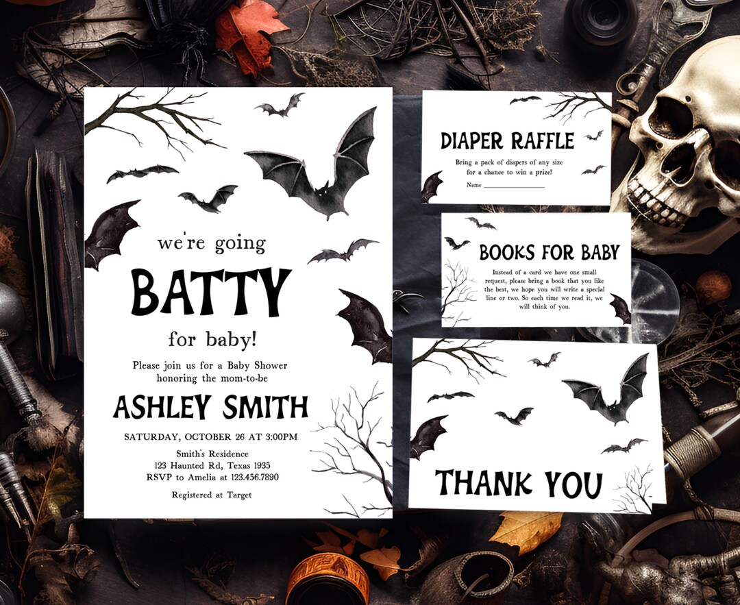 Editable We're Going Batty Halloween Baby Shower Invitation Bundle ...