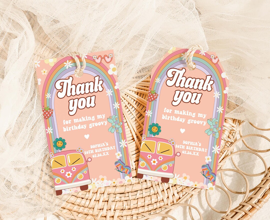 Editable ANY AGE Groovy Birthday Thank You Tags, Retro Birthday Party ...