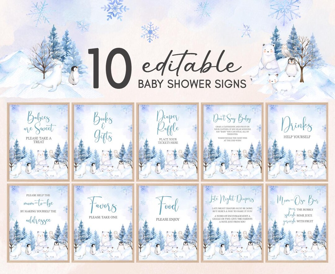 Editable Winter Arctic Animals Baby Shower Table Sign, Blue Baby It's ...