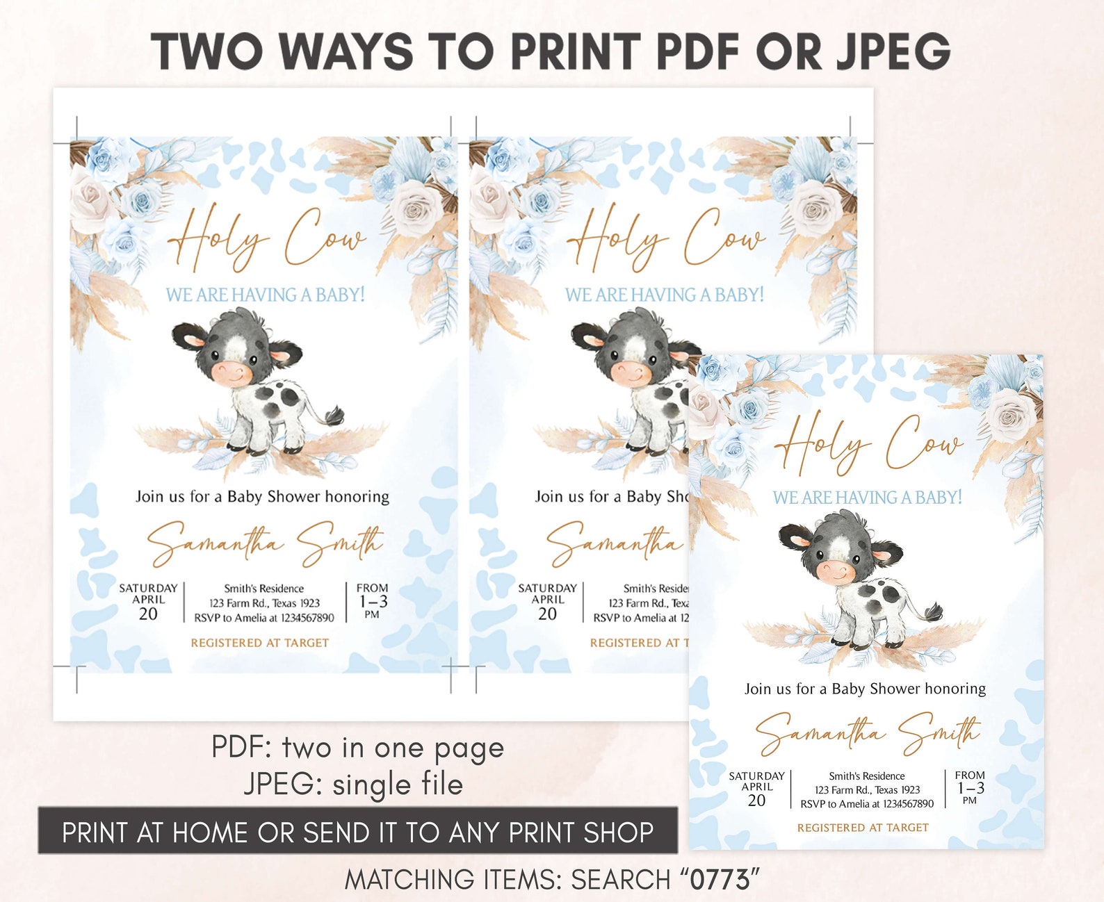 Editable Boy Highland Cow Baby Shower Invitation Bundle, Blue Holy Cow ...