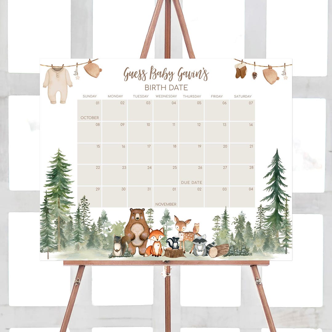 Editable Woodland Baby Shower Due Date Calendar, Adventure Awaits ...