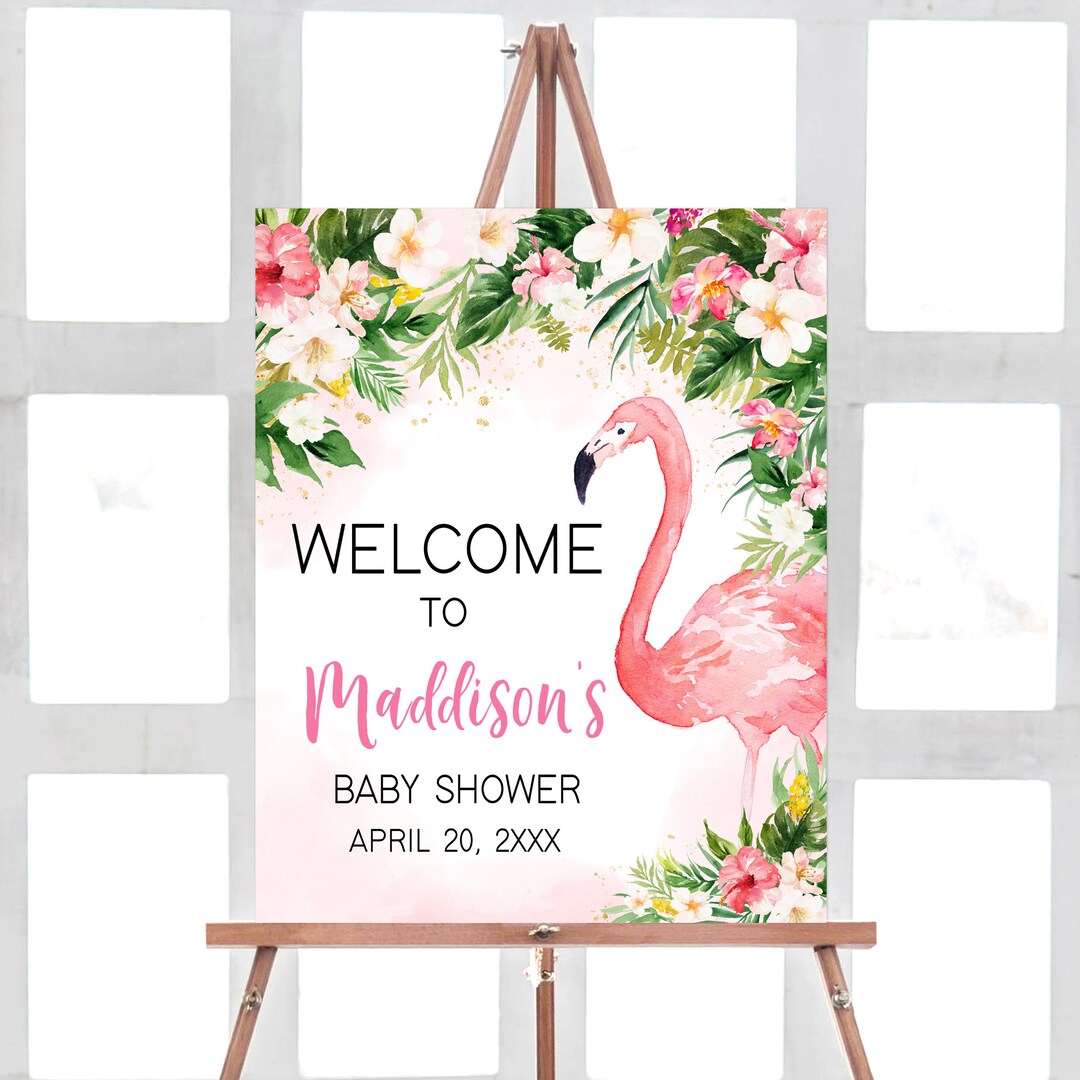 Editable Flamingo Baby Shower Welcome Sign, Floral Hawaiian Girl Baby ...