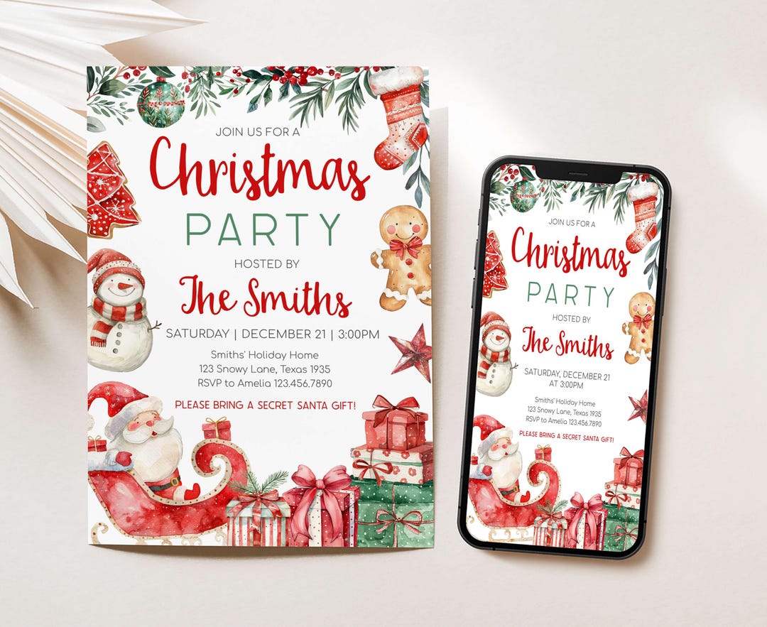 Editable Secret Santa Christmas Invitation, Christmas Party Invitation, Christmas Dinner Santa ...