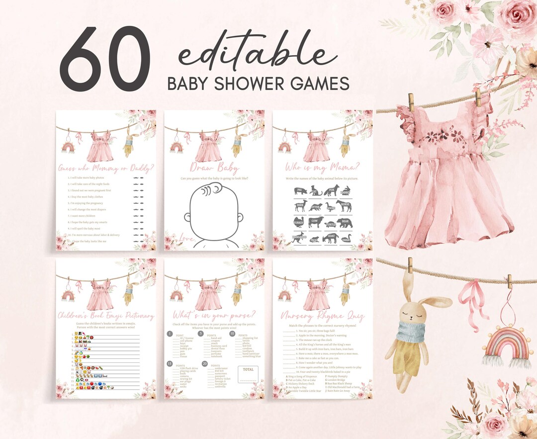 Editable A Sweet Baby Girl Baby Shower Games Bundle, Pink Floral Baby ...