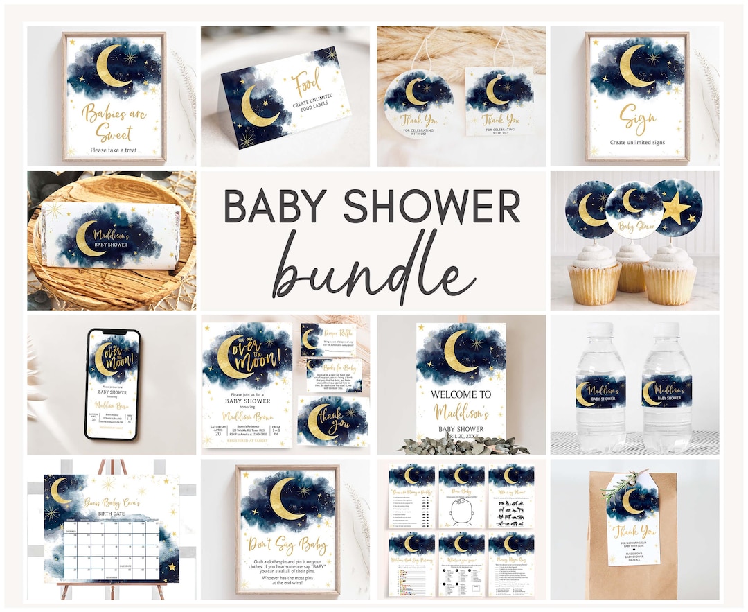 Editable We Are Over the Moon Baby Shower Bundle, Boy Moon and Stars ...