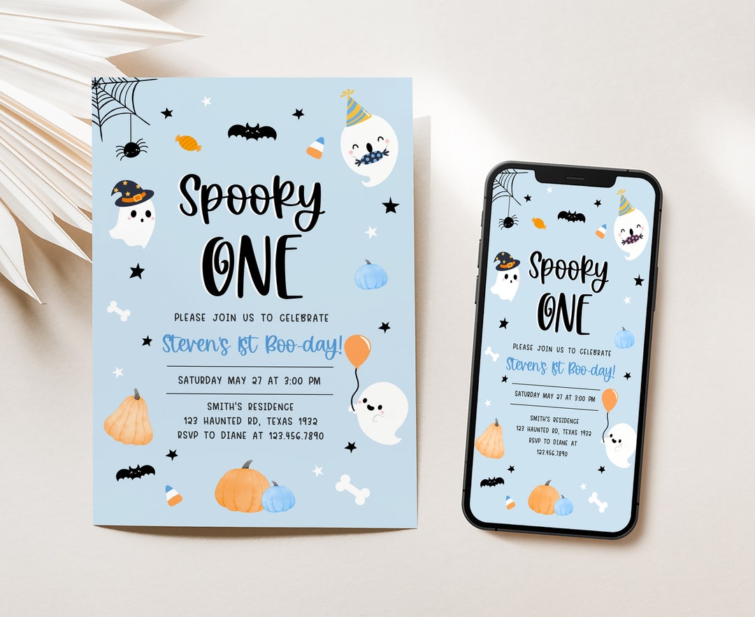 Editable Halloween 1st Birthday Invitation, Blue Ghost Halloween ...