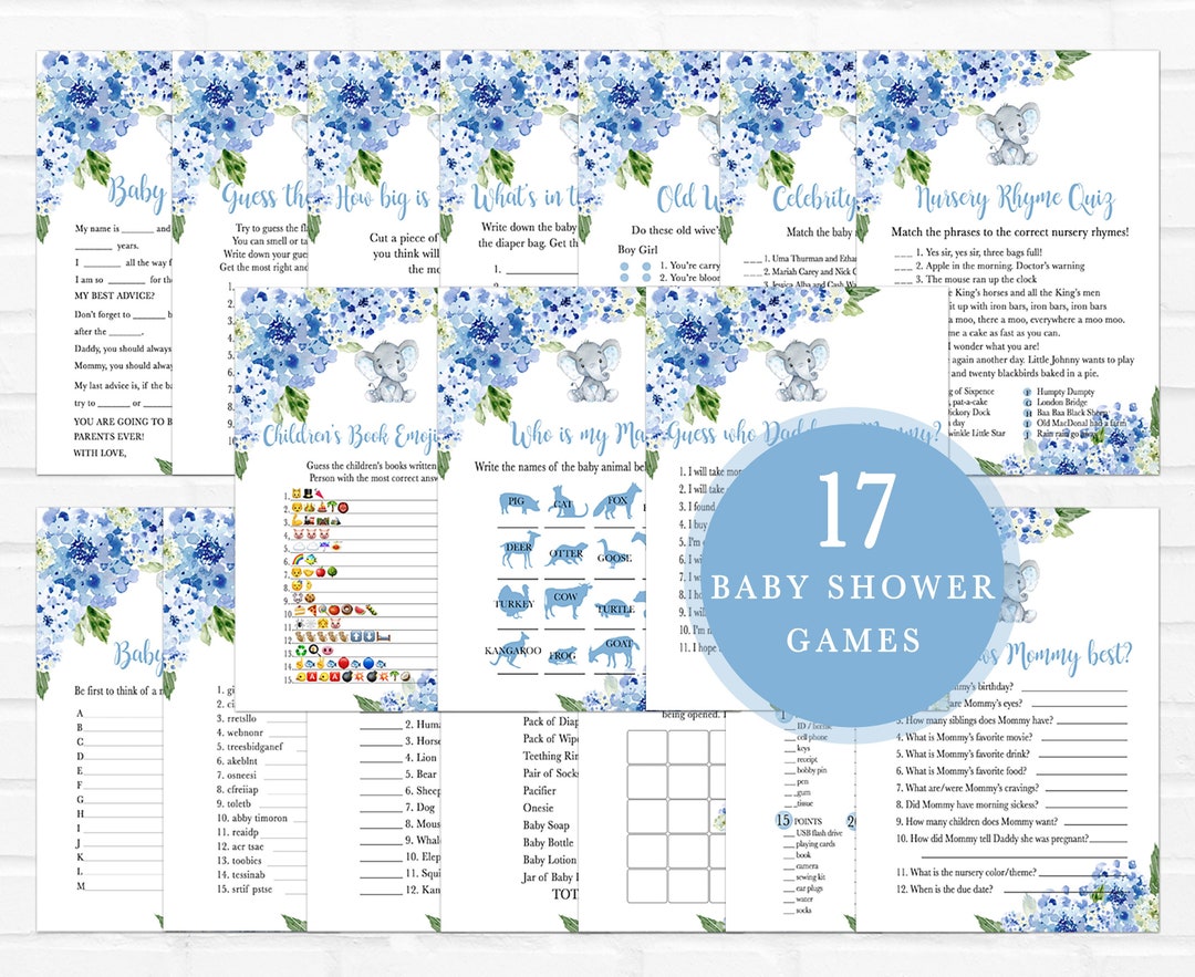 Elephant Baby Shower Game Bundle, Blue Elephant Boy Baby Shower Games ...