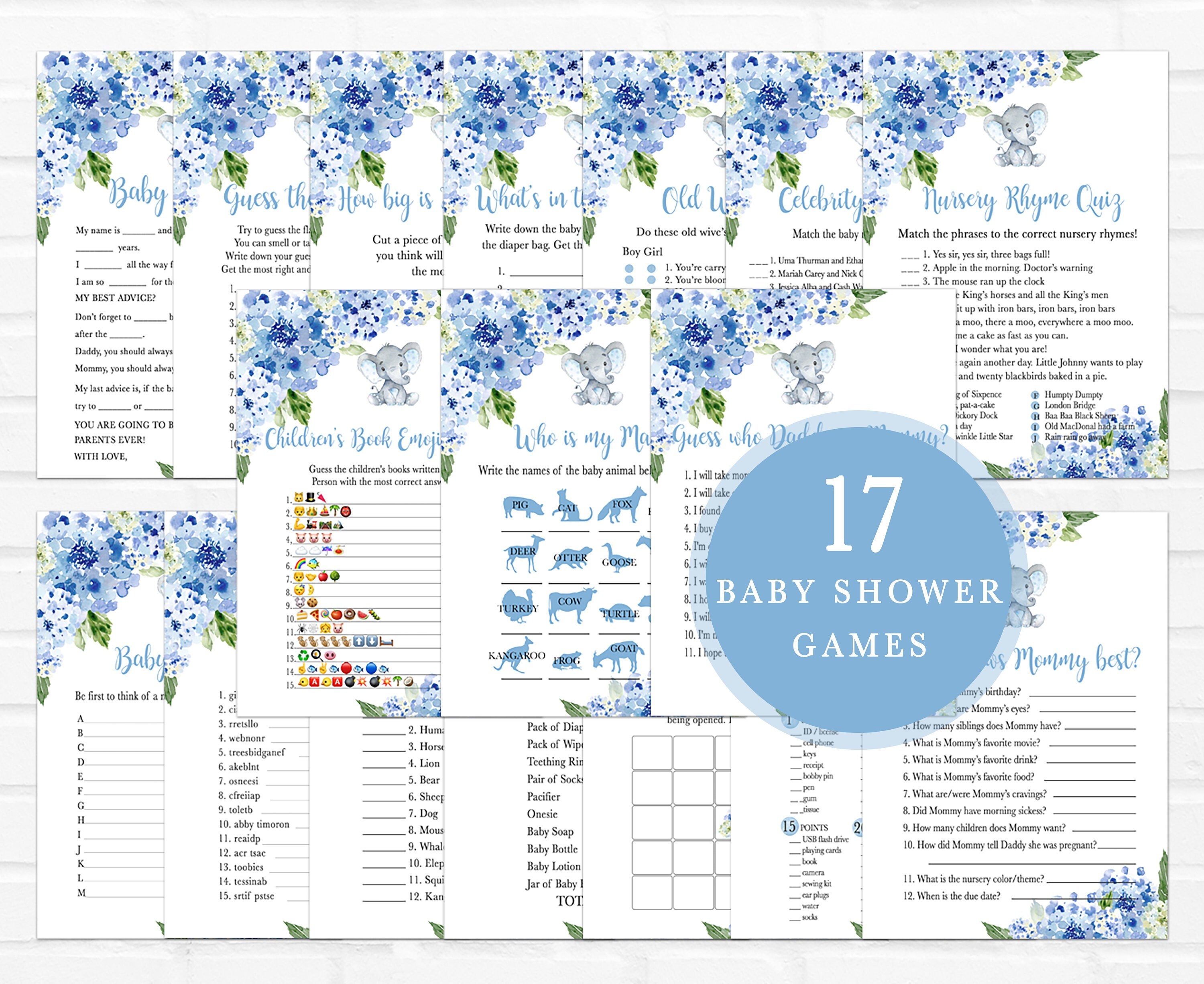 Elephant Baby Shower Game Bundle Blue Elephant Boy Baby | Etsy
