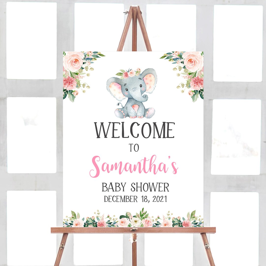 Elephant Baby Shower Welcome Sign, Pink Floral Elephant Welcome Poster ...