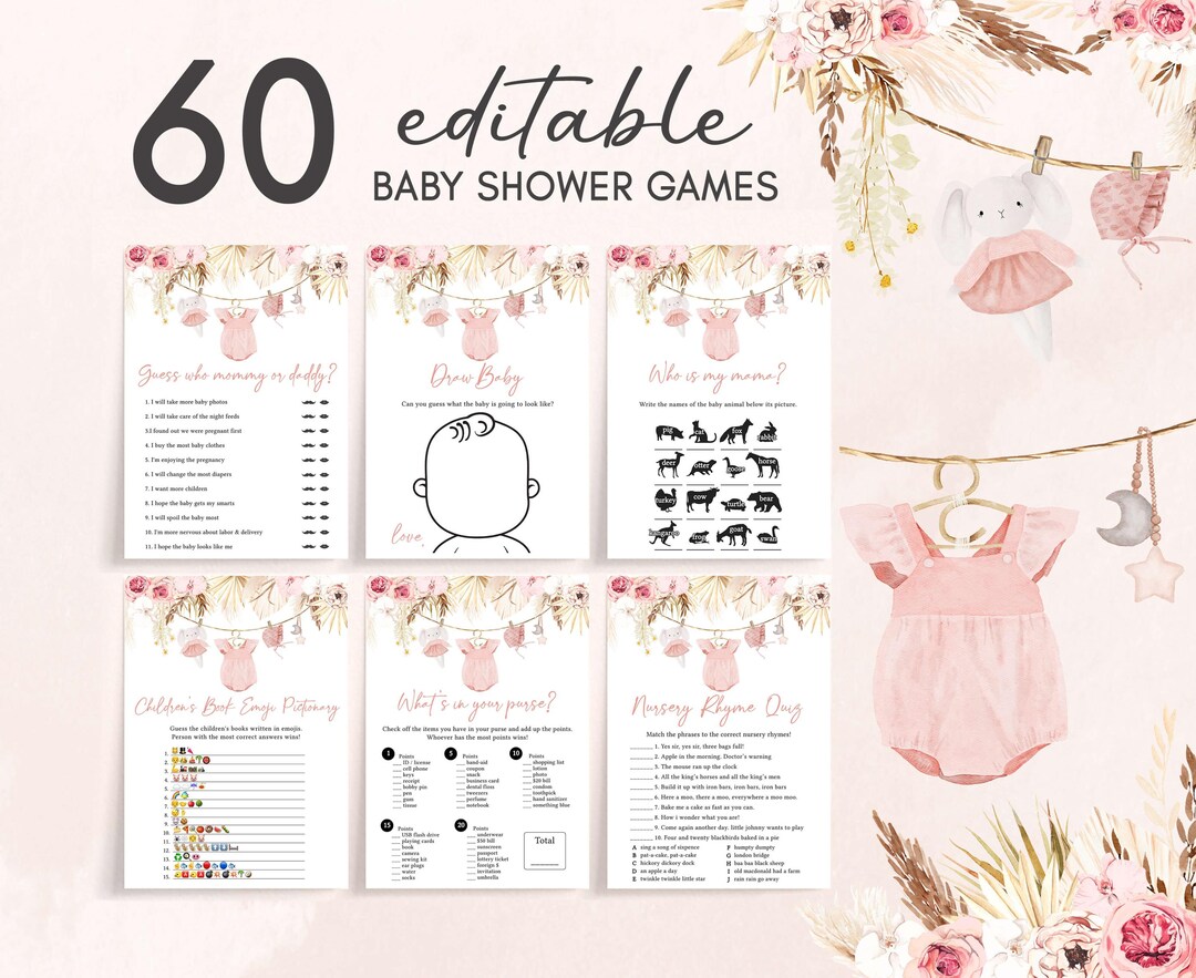 Editable Boho Baby Clothesline Baby Shower Games Bundle, Girl ...