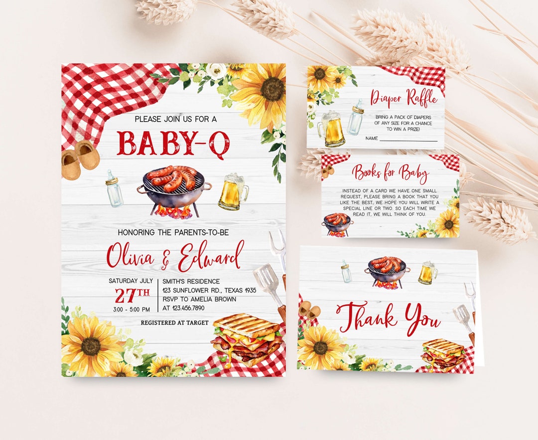 Editable Baby-q Baby Shower Invitation Bundle, Sunflower Couples BBQ ...