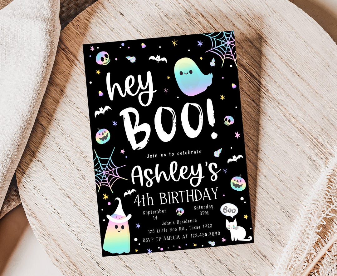 Editable Pastel Halloween Birthday Invitation, Holographic Halloween ...