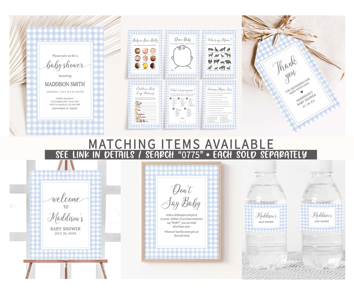Editable Blue Gingham Baby Shower Due Date Calendar, Boy Picnic Baby ...