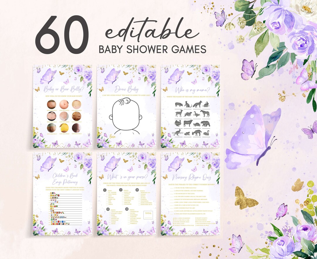 Editable Purple Butterfly Baby Shower Games Bundle, Butterflies Girl ...