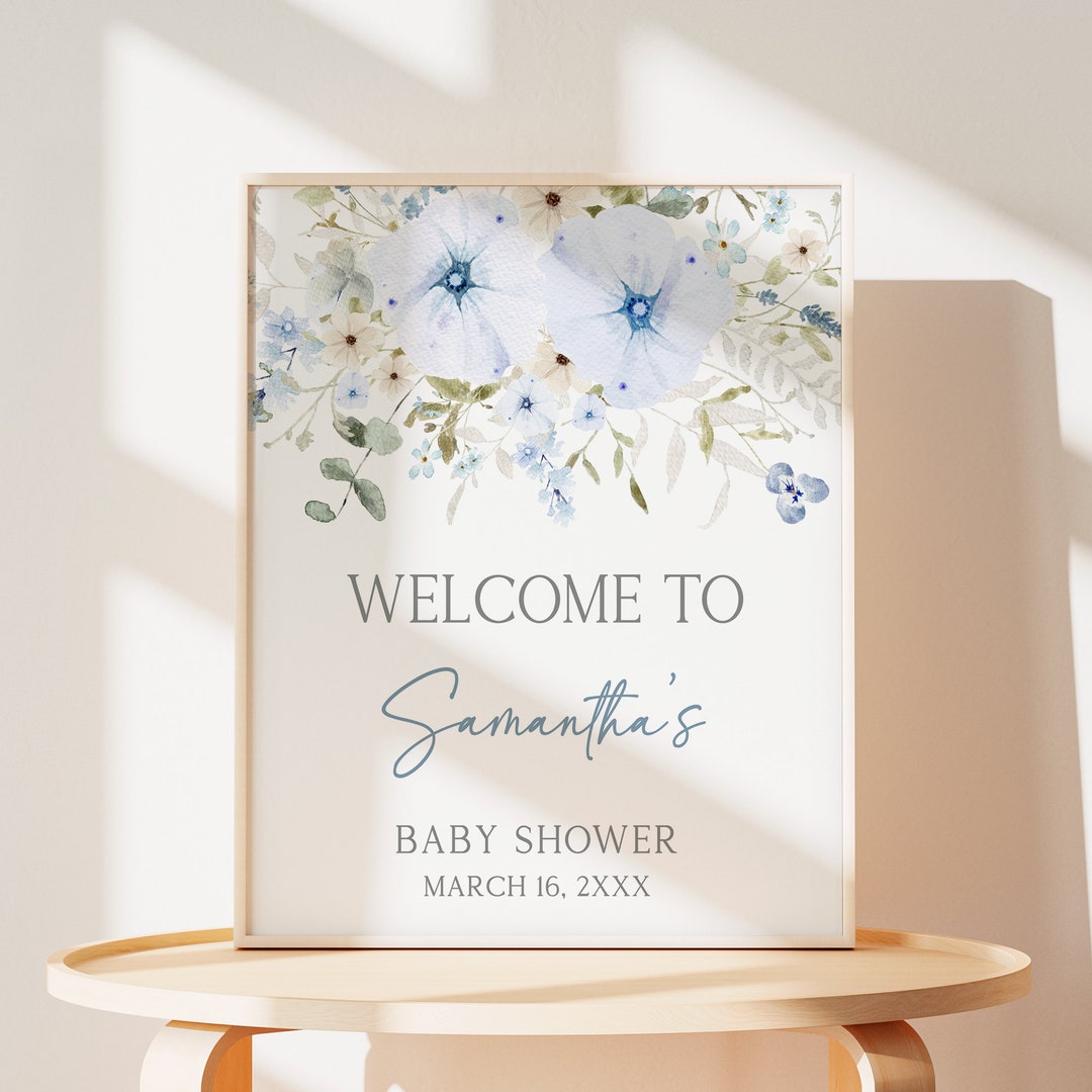 Editable Baby in Bloom Boy Baby Shower Welcome Sign, Dusty Blue ...