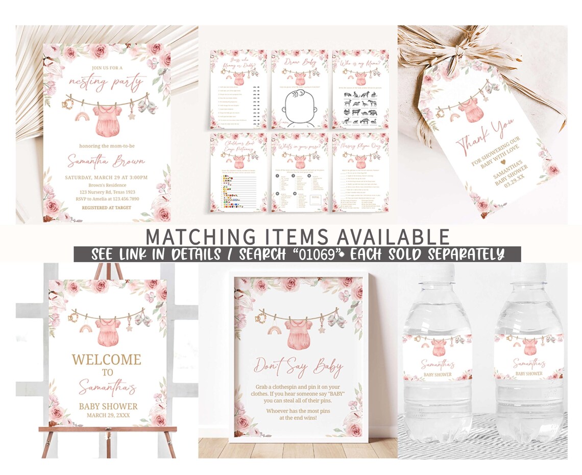 Editable Girl Baby Clothesline Baby Shower Games Bundle, Boho Floral ...