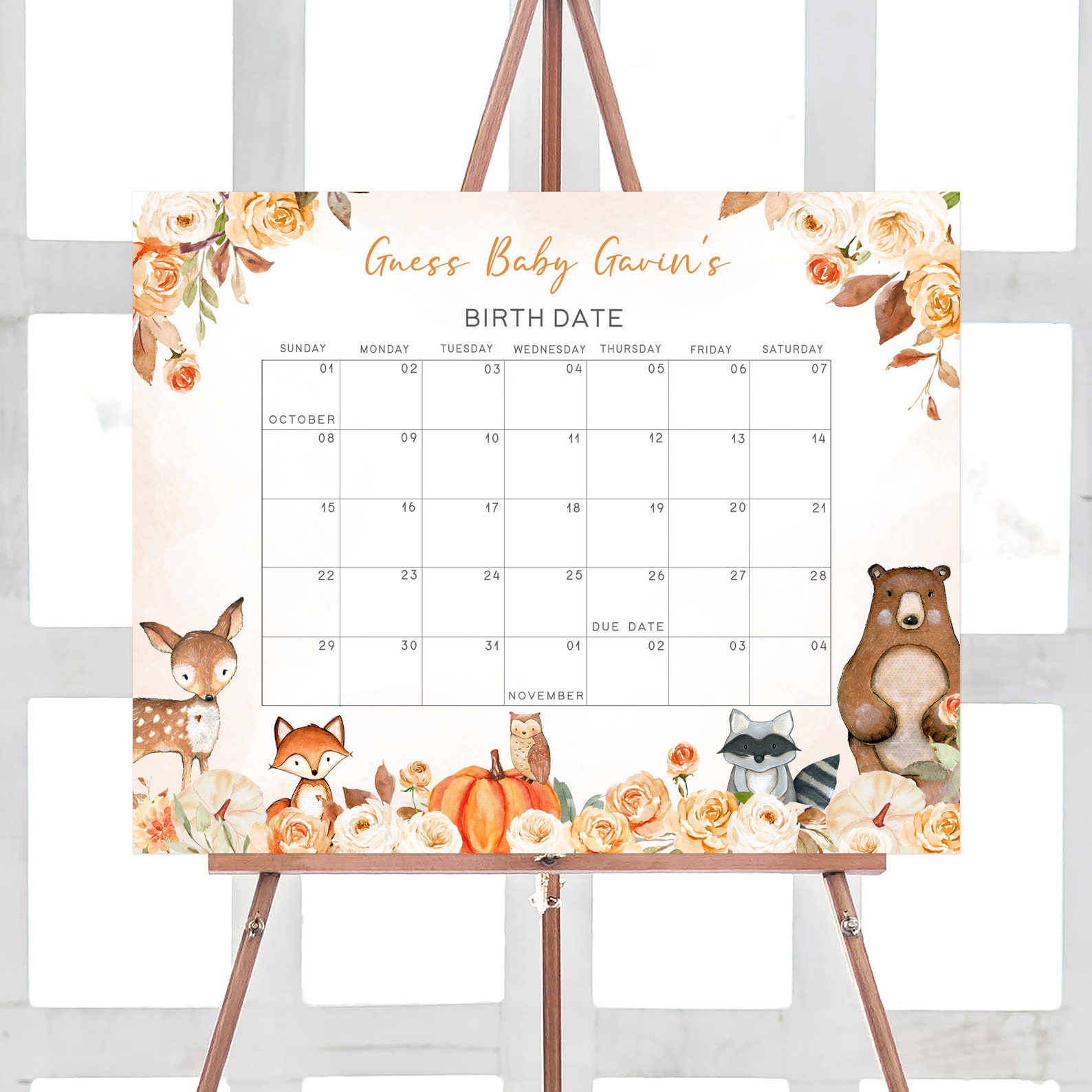 Editable Fall Woodland Baby Shower Due Date Calendar, Woodland Floral ...