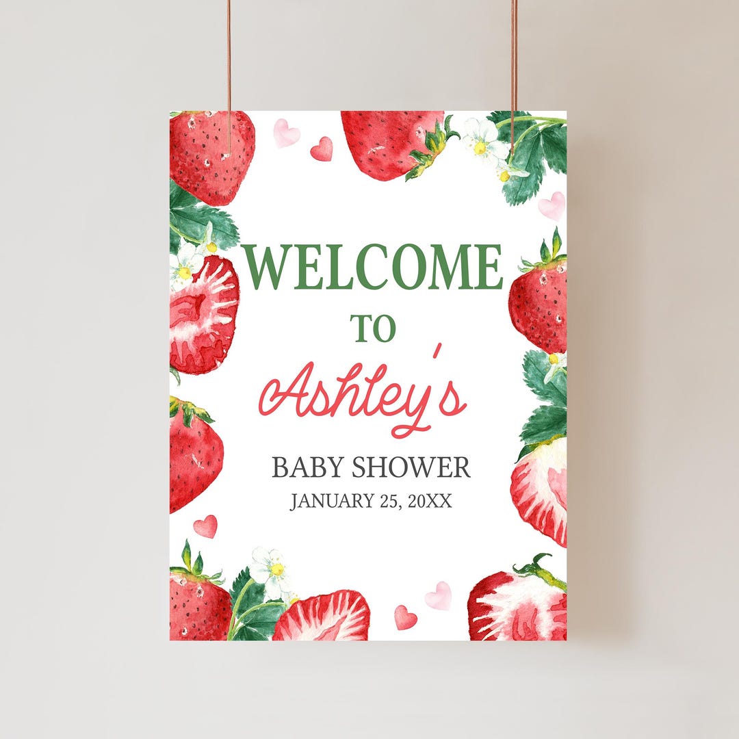 Editable Berry Sweet Baby Shower Welcome Sign, Strawberry Baby Shower ...